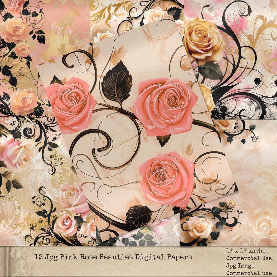 Elegant Pink Black Roses Papers, Wedding Journal, Digital Rose Paper ...