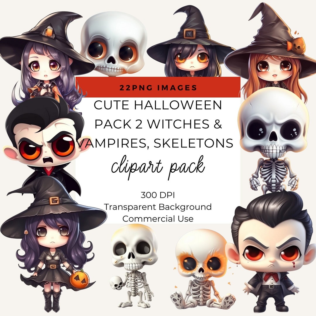 Halloween Cute Vampire Witches Skeleton Clipart Bundle of 24 ...