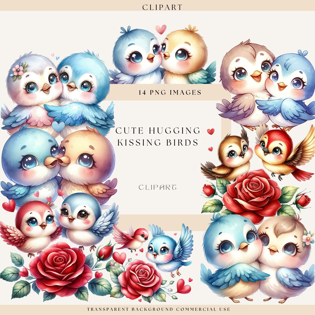Cute Birds Clipart, Cute Birds Hugging, Birds Kissing, Valentine ...