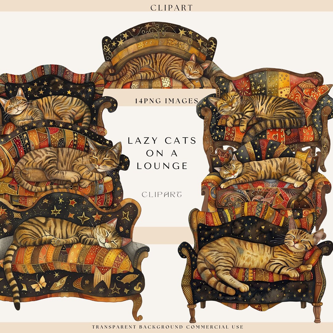 Cats on a Lounge Clipart, Lazy Cats Clipart, Funny Cats Clipart, Pets ...