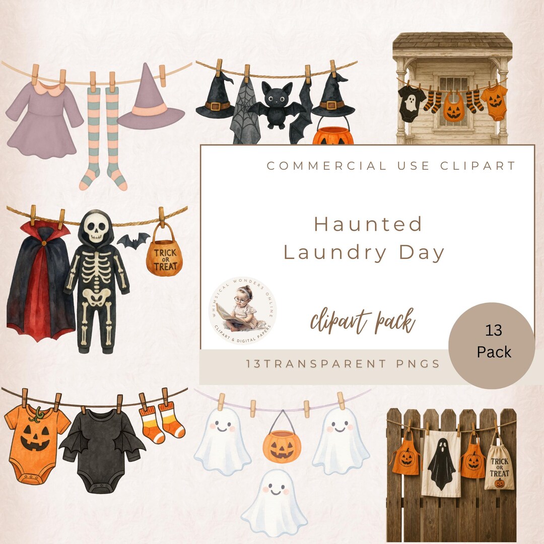 Halloween Clothesline Clipart, Spooky Laundry Day, Witch Hats, Ghost ...