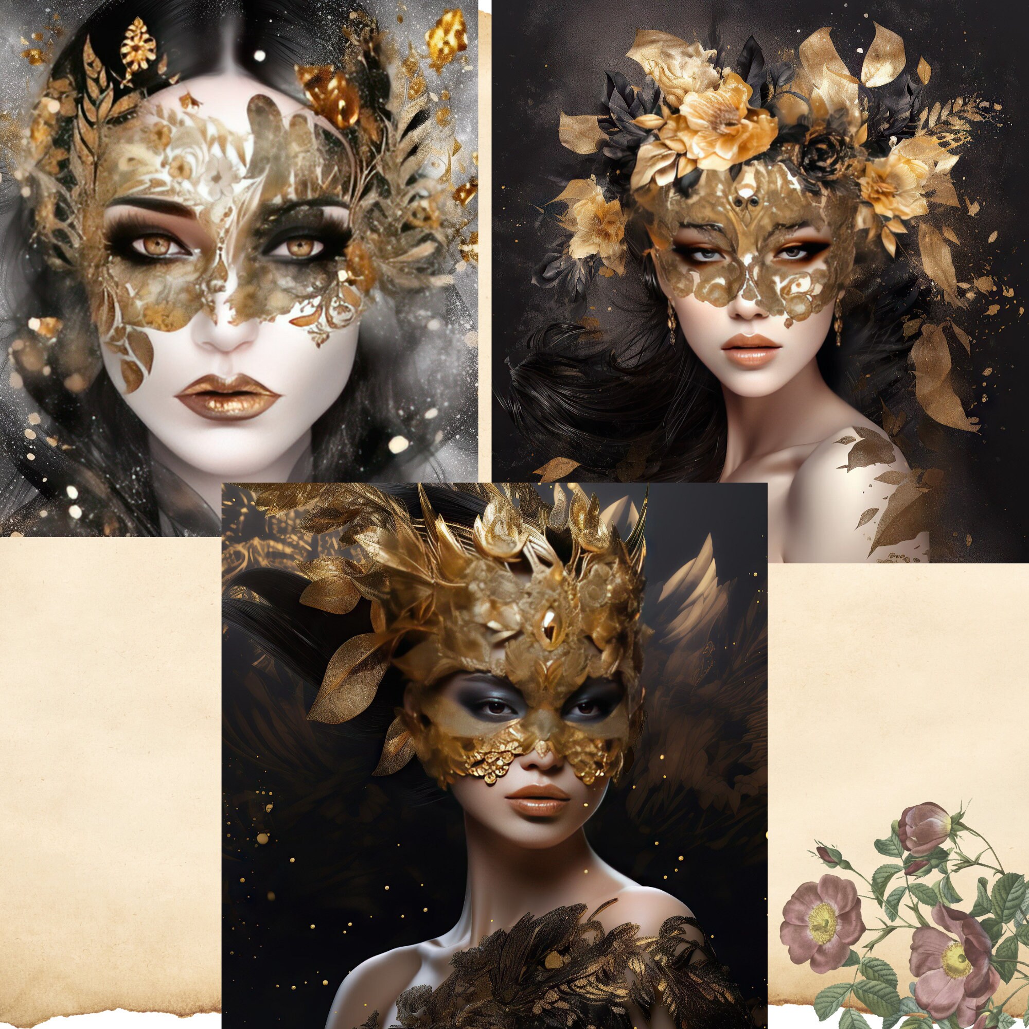 Masquerade Mask Digital Paper Pack, Planner Cover, Collage Sheets, Junk ...
