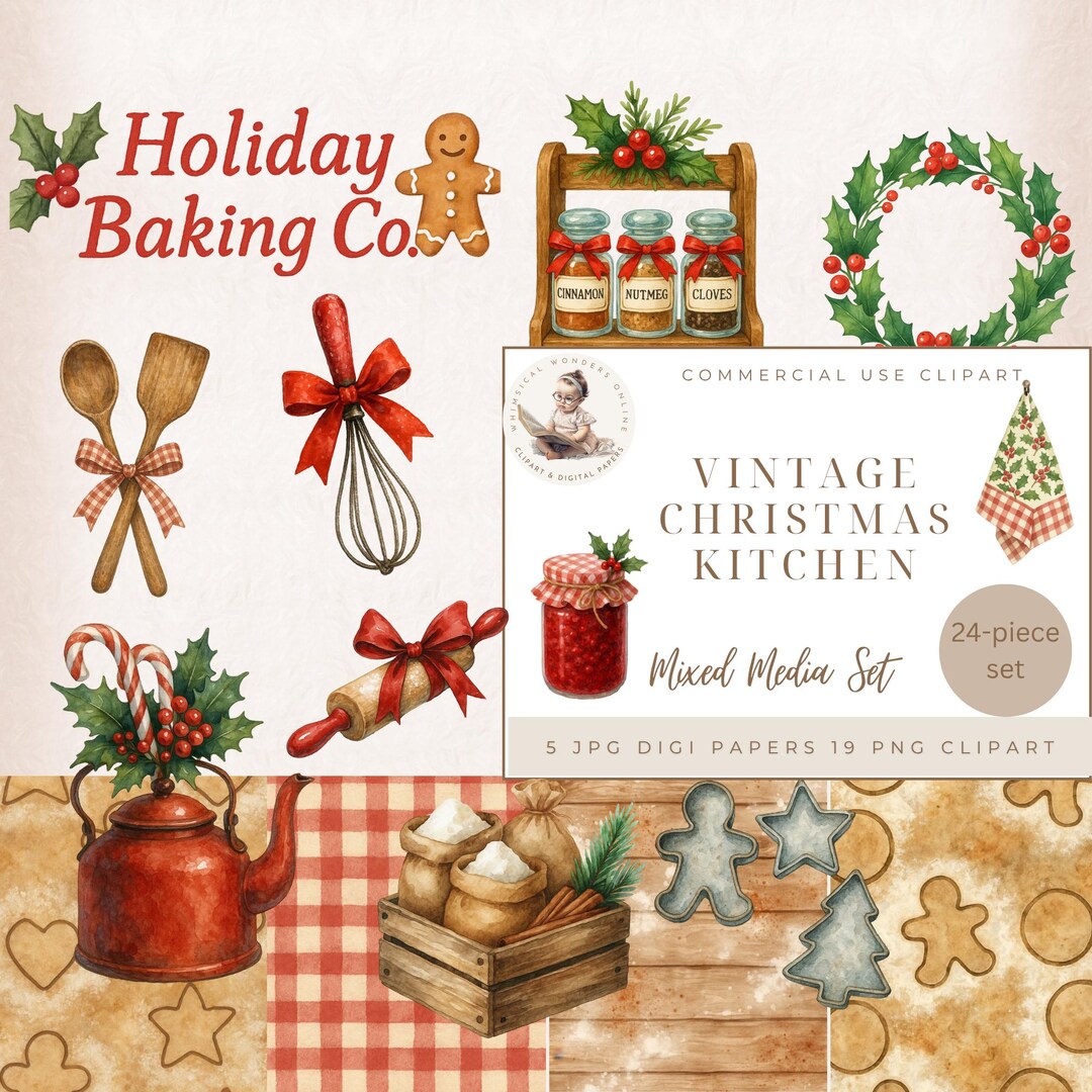 Vintage Christmas Kitchen Clipart Bundle, Watercolor Holiday Baking PNG ...