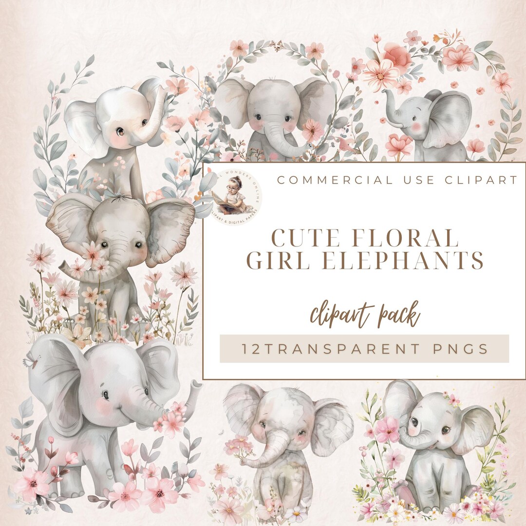 Cute Floral Girl Elephant Graphics, Baby Shower, Elephant Clipart ...