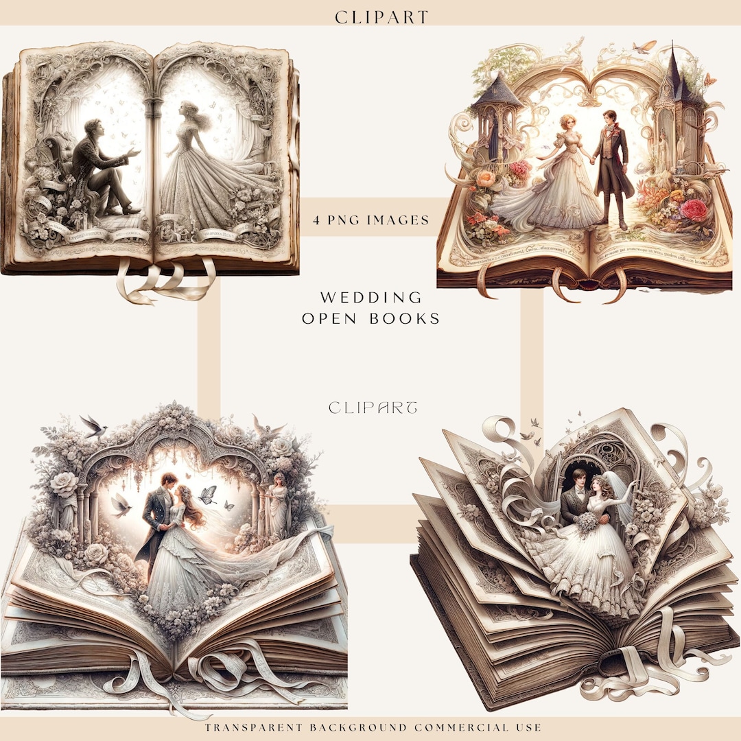 Open Book Clipart, Wedding Open Book, Book Worm Clipart, Fairytale ...