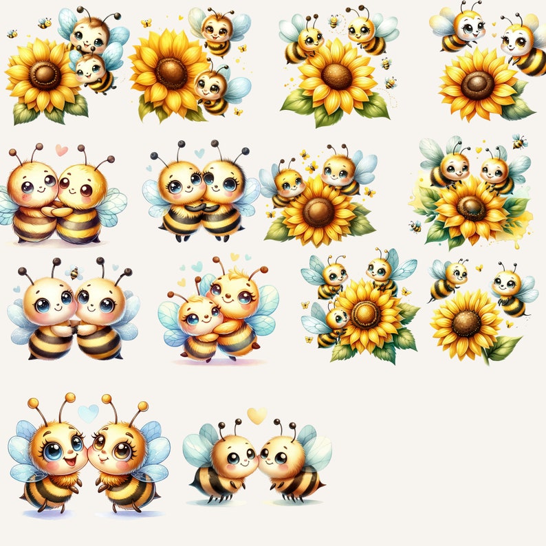 Bee Watercolor Clipart, Cute Bees Hugging, Bees Kissing, Valentine ...