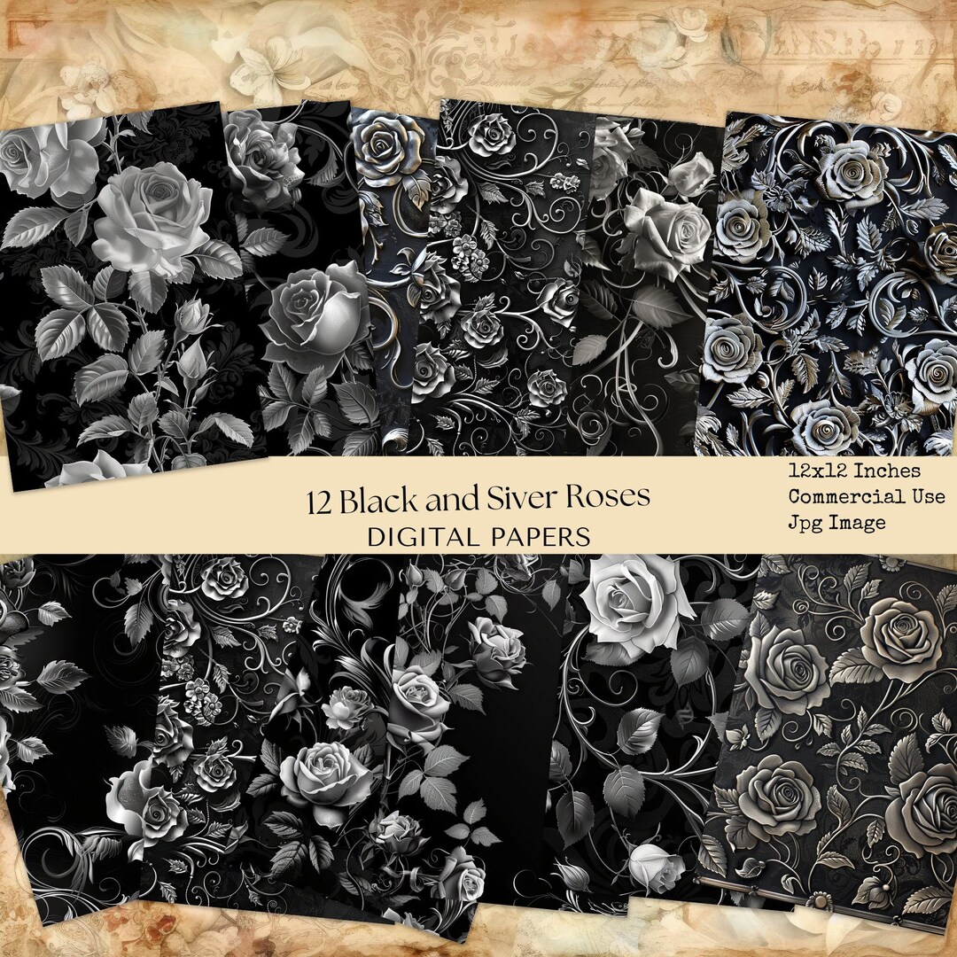 Black and Silver Roses Digital Papers, Roses Background Papers, Roses ...