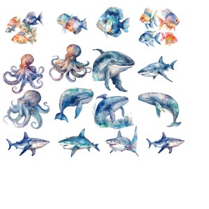 Underwater Clipart, Watercolor Shark, Whale, Fish, Octopus Clipart ...