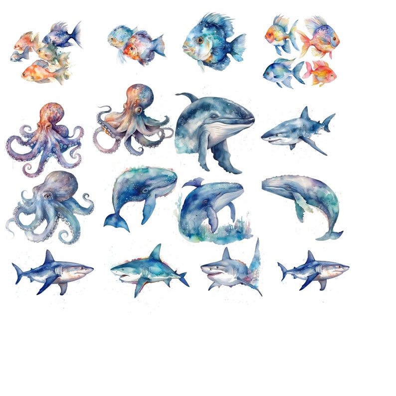 Underwater Clipart, Watercolor Shark, Whale, Fish, Octopus Clipart ...