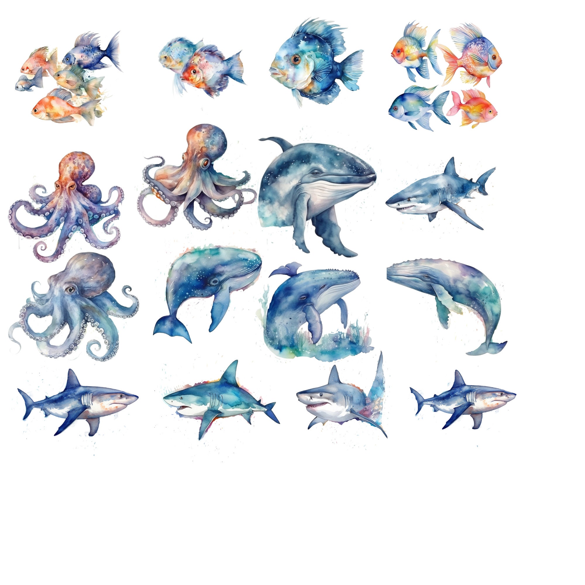 Underwater Clipart, Watercolor Shark, Whale, Fish, Octopus Clipart ...