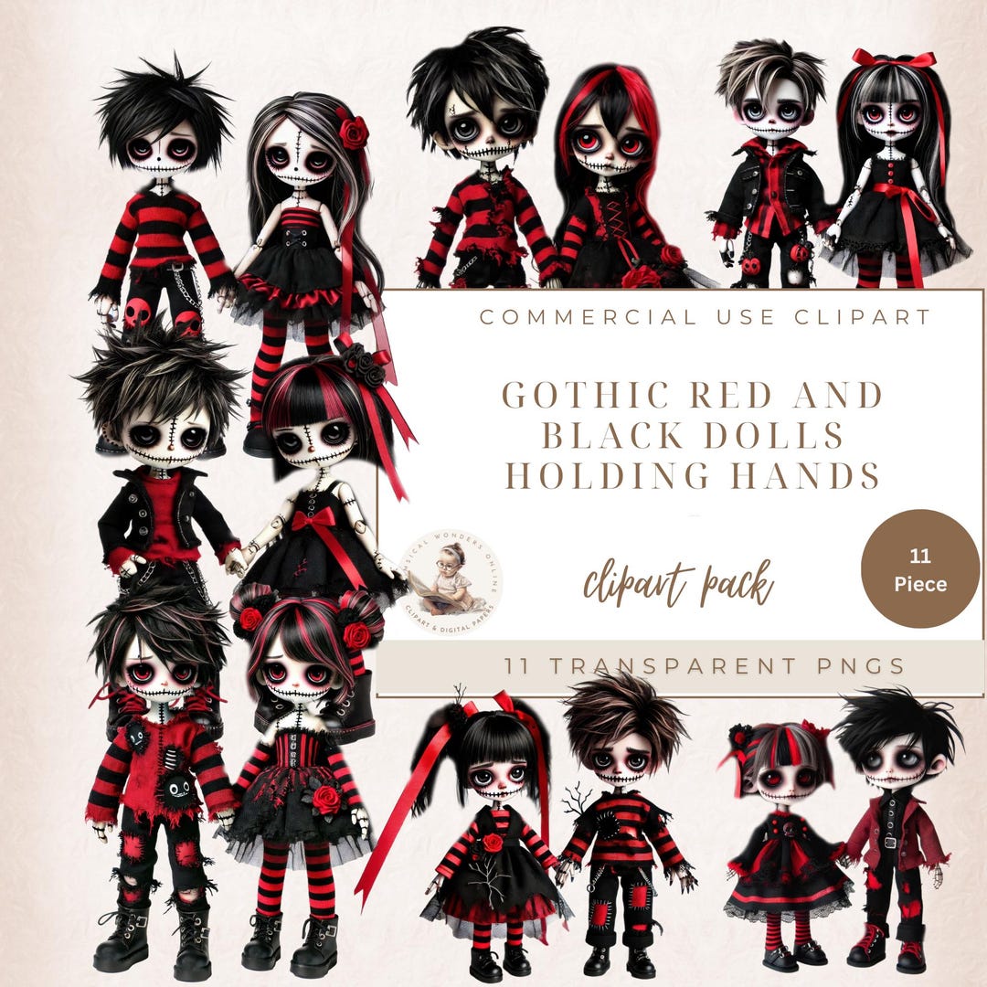Gothic Girls and Boys Clipart Pack, Dark Red and Black Goth Dolls ...