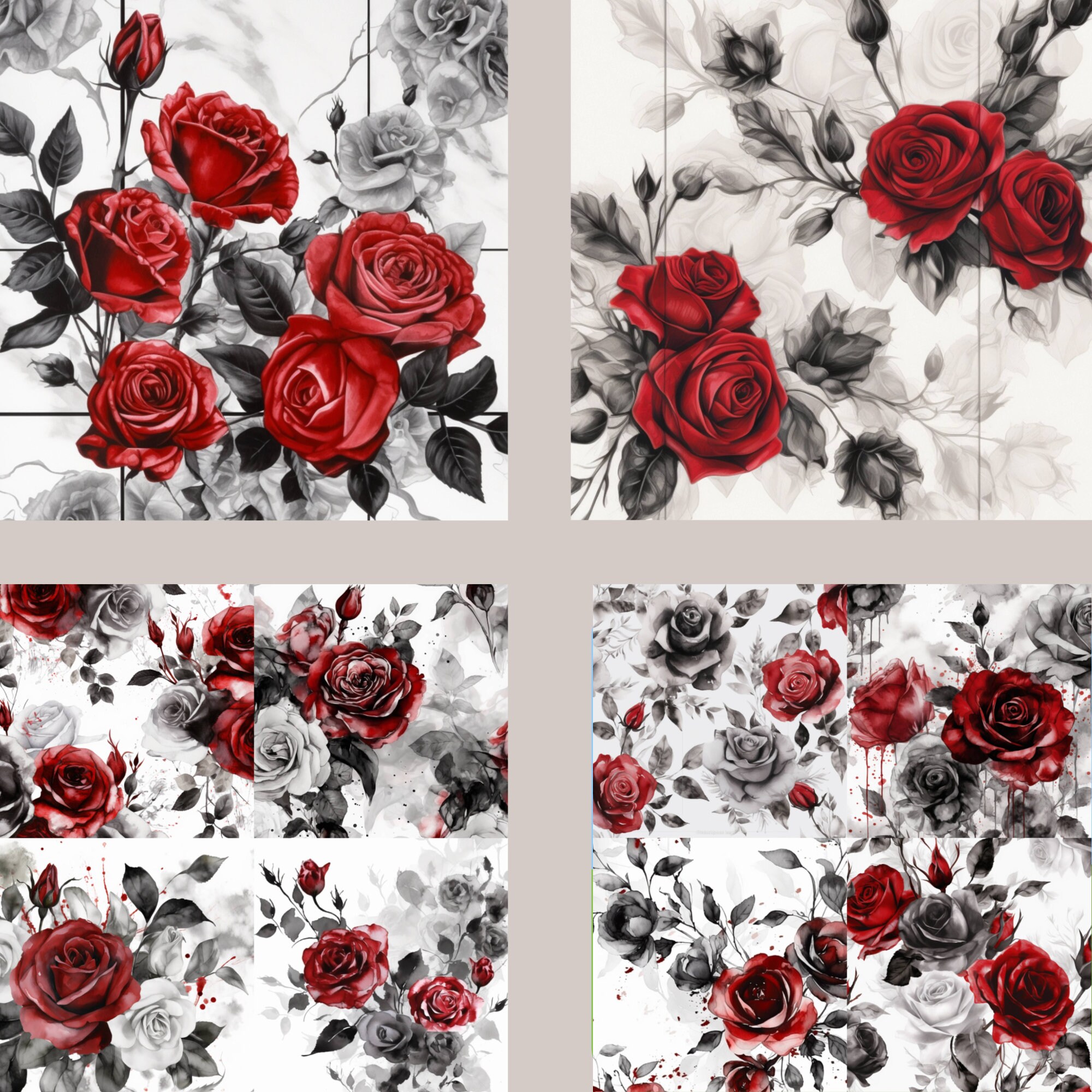 Red and Black Floral Digital Paper, Seamless Gothic Rose Printable ...