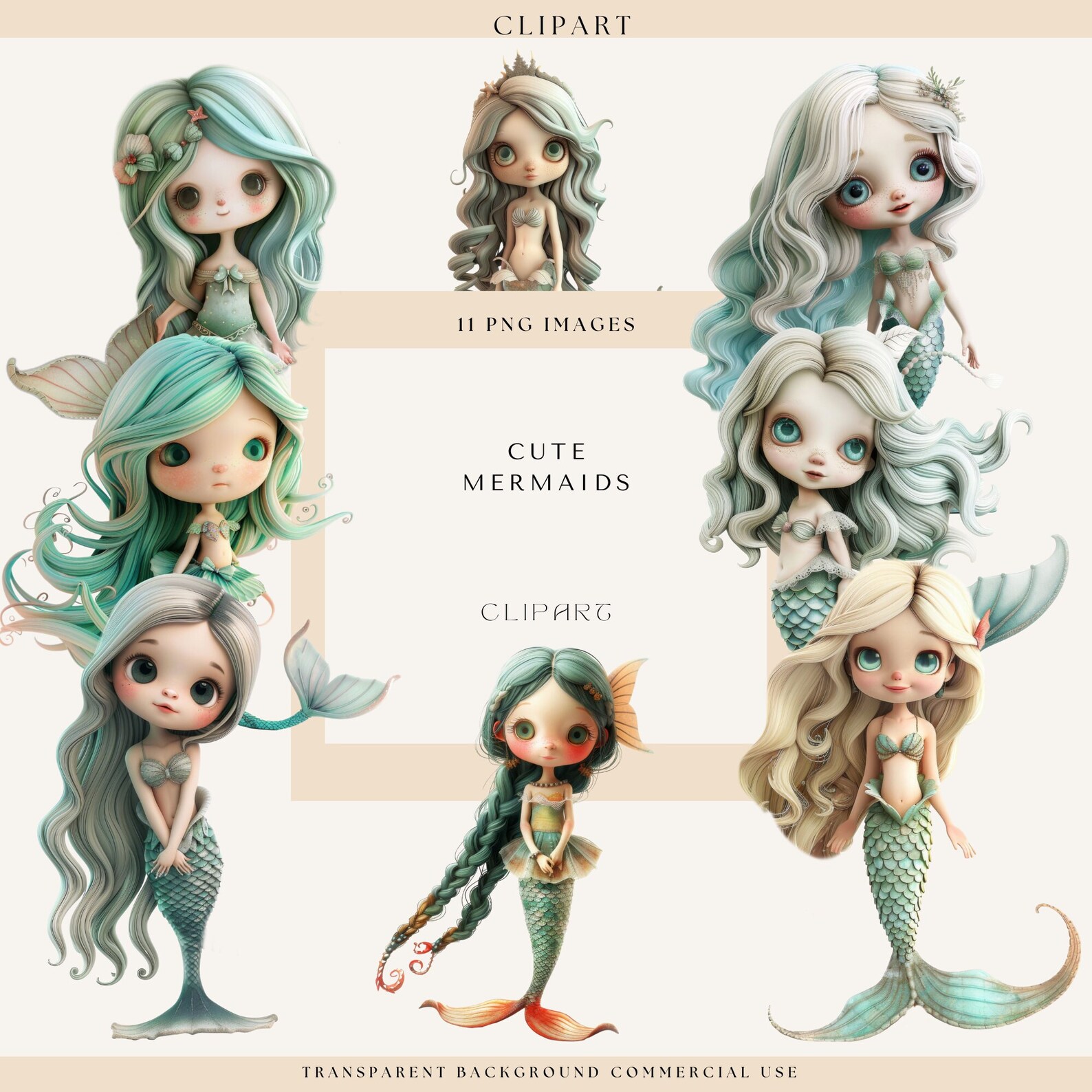 Cute Mermaid Clipart, Nautical Clipart, Girl Clipart, Fantasy Clipart ...