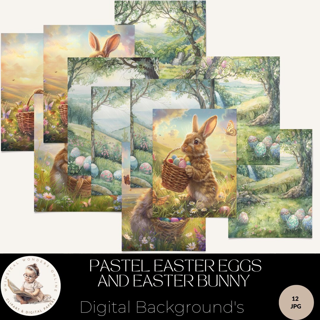 Pastel Easter Eggs and Easter Bunny Digital Paper, Digital Background ...