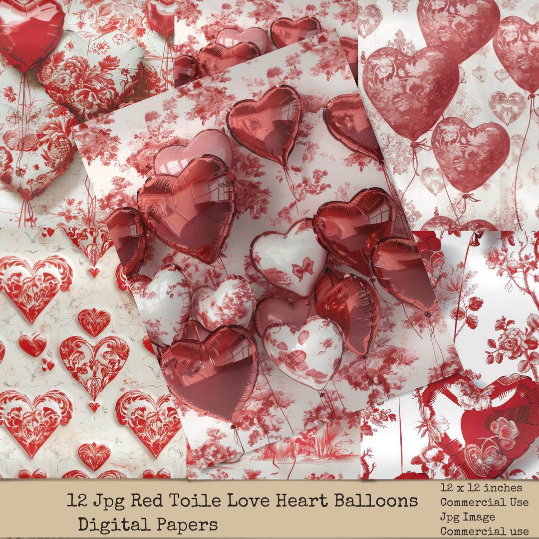 Red Toile Love Heart Balloons Digital Papers, Valentine Background ...