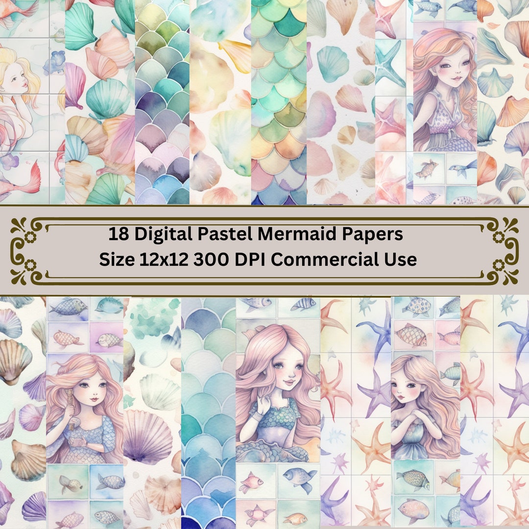 Mermaid Pastels Digital Paper, Fish Background With Pastel Colors ...