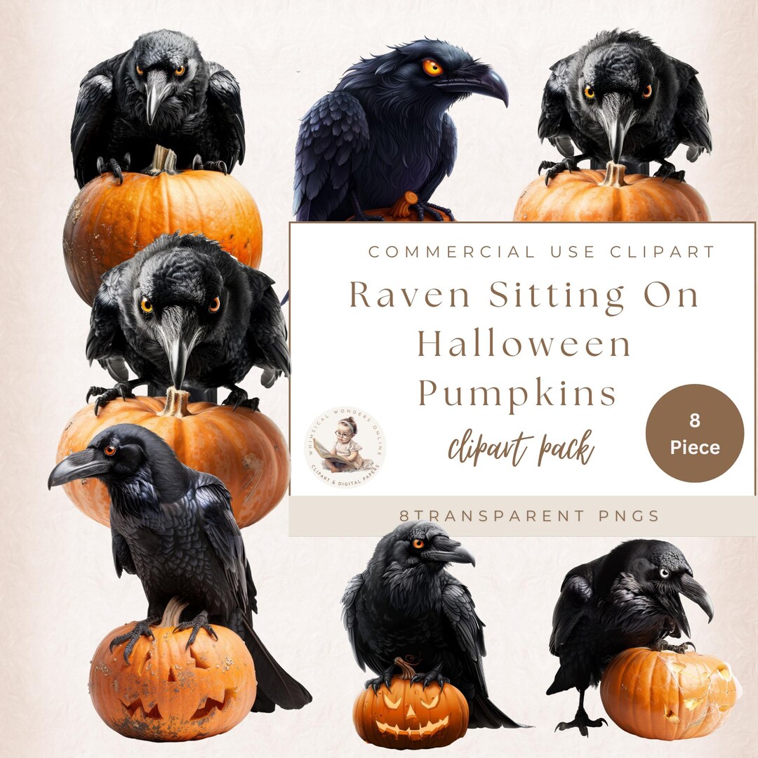 Halloween Clipart, Ravens Sitting on Pumpkins, Raven Clipart, Gothic ...
