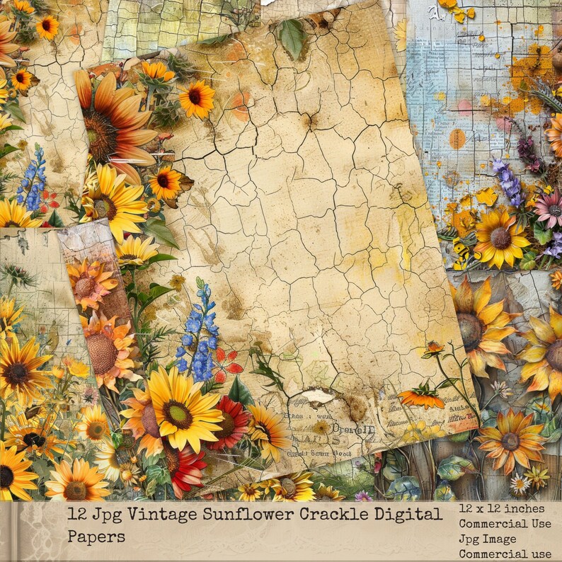 Printable Papers, Journal Sunflowers, Digital Sunflower Crackle Papers ...