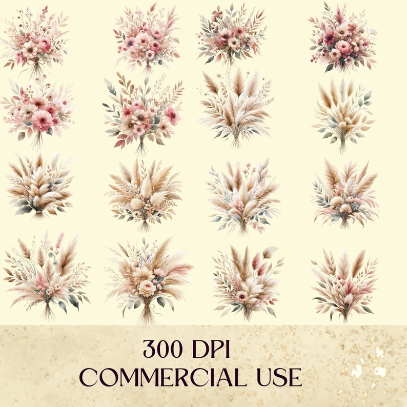 Boho Pink Flowers Clipart, Boho Floral Clipart, Boho Pink Wildflowers ...