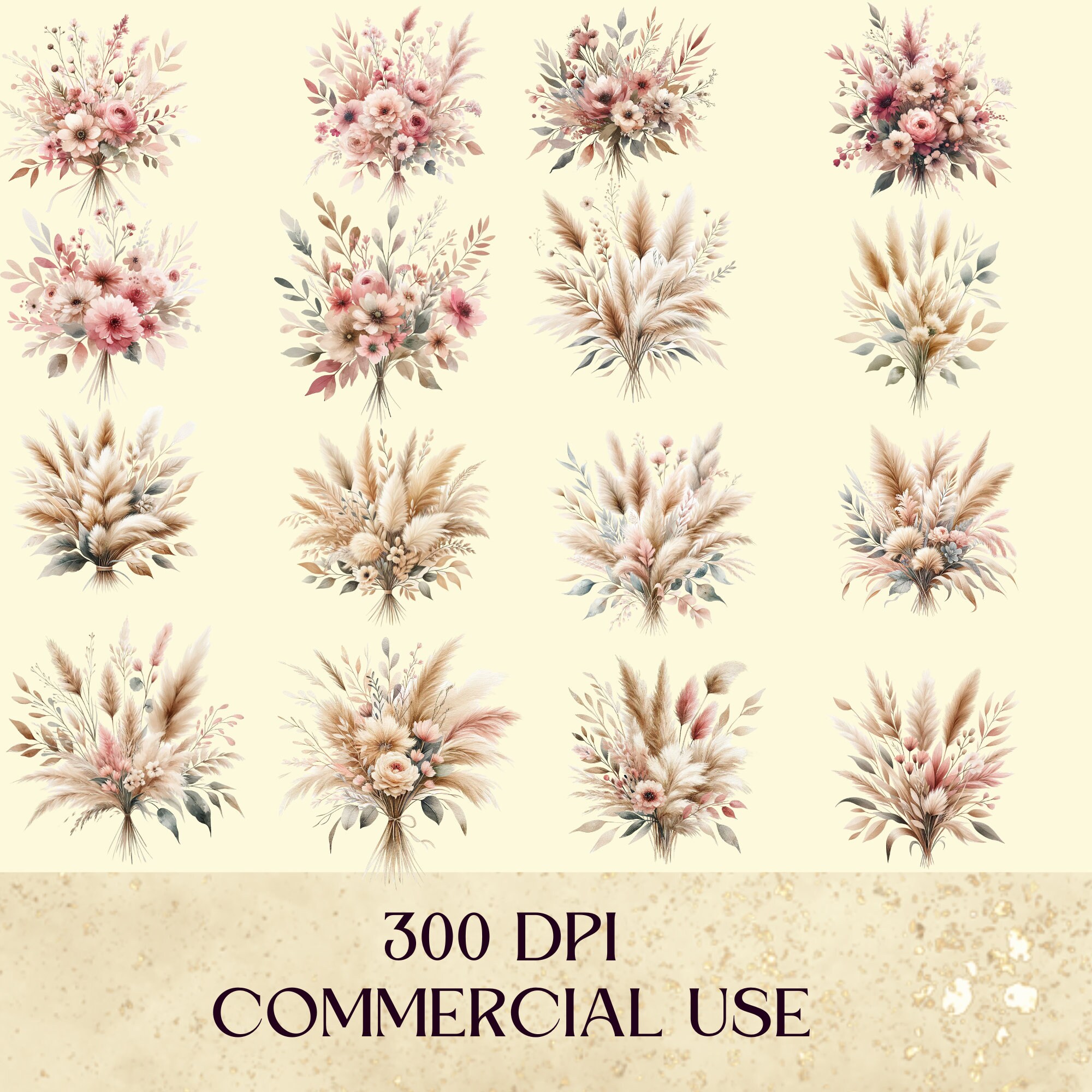 Boho Pink Flowers Clipart, Boho Floral Clipart, Boho Pink Wildflowers ...