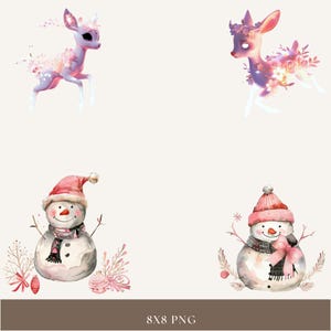 Pink Christmas Reindeers and Snowman Graphics, Xmas Clipart, Festive ...