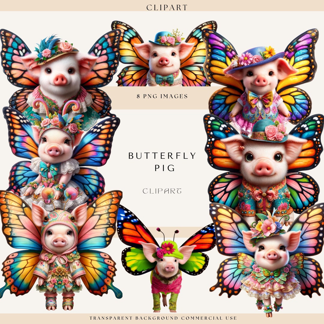 Cute Pig Clipart, Butterfly Pig, Butterfly Clipart, Fashion Clipart ...
