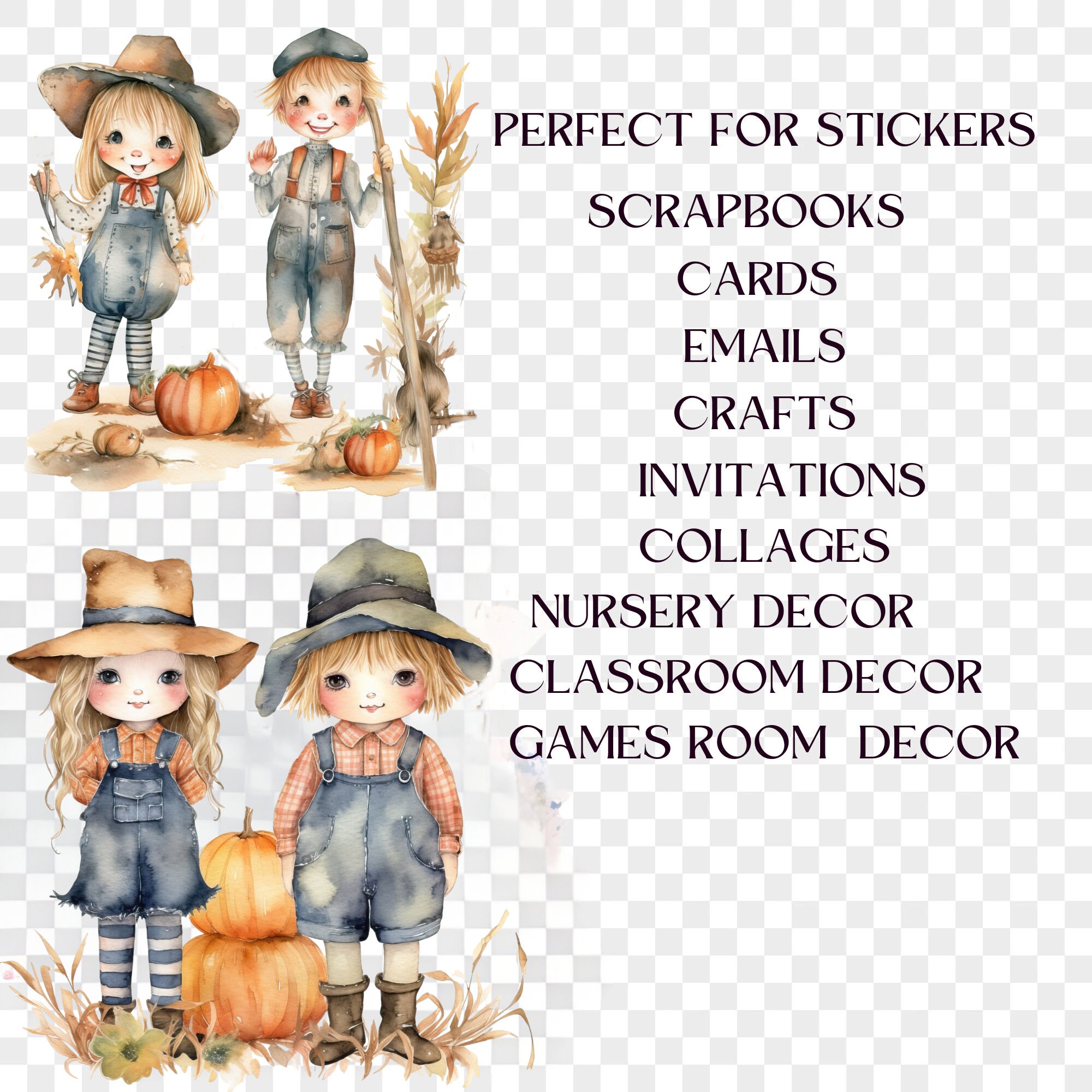 Vintage Scarecrow Dolls Clipart, Little Girl, Pumpkin, Halloween ...