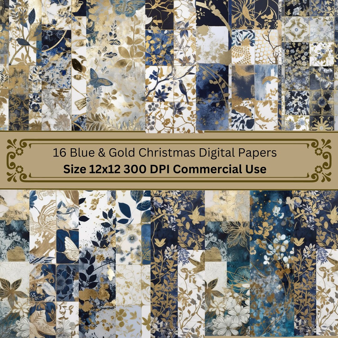 Digital Papers, Holiday Blue & Gold Leaf, Bird Design, Scrapbook Paper ...