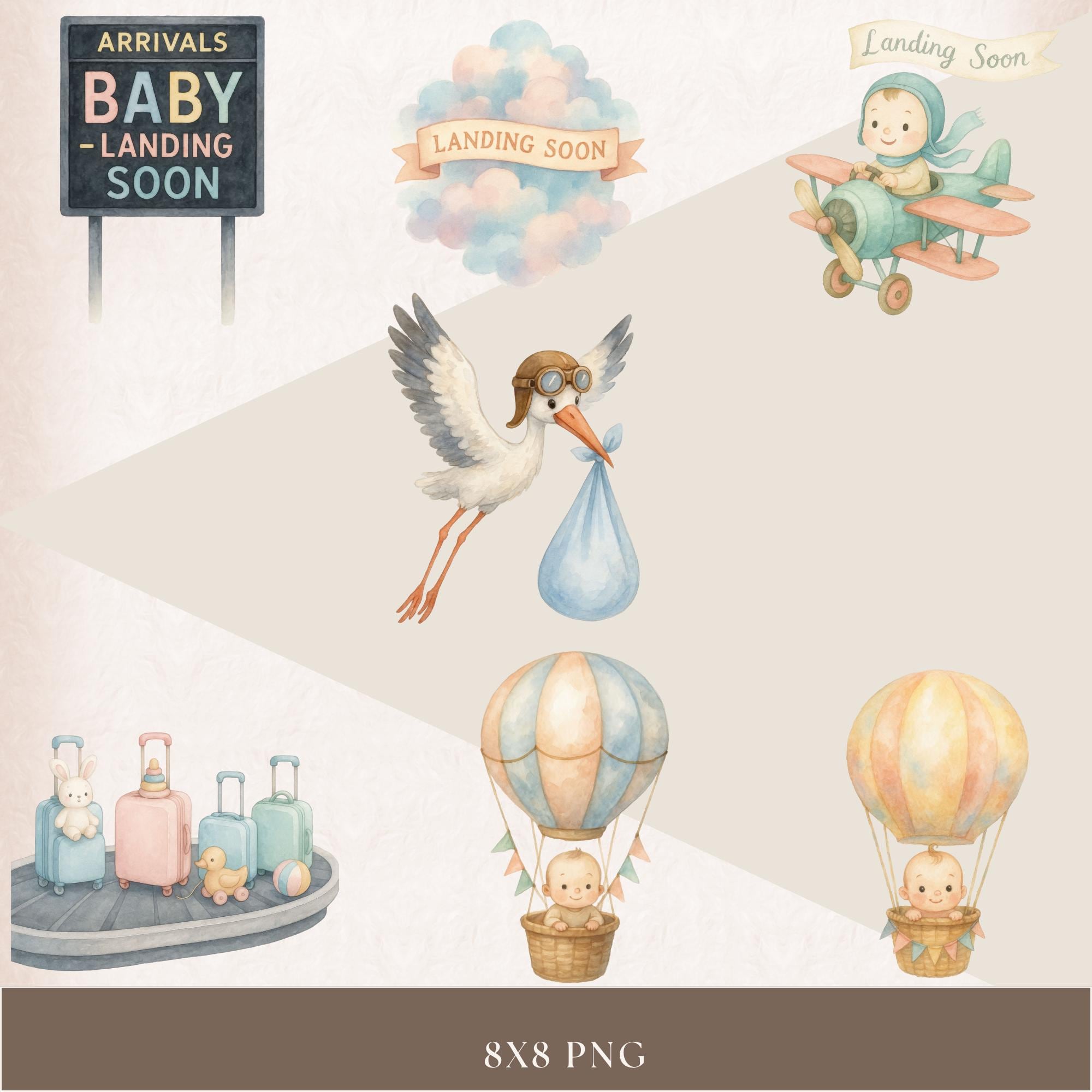 Landing Soon Baby Shower Clipart, Watercolor Hot Air Balloon, Airplane ...
