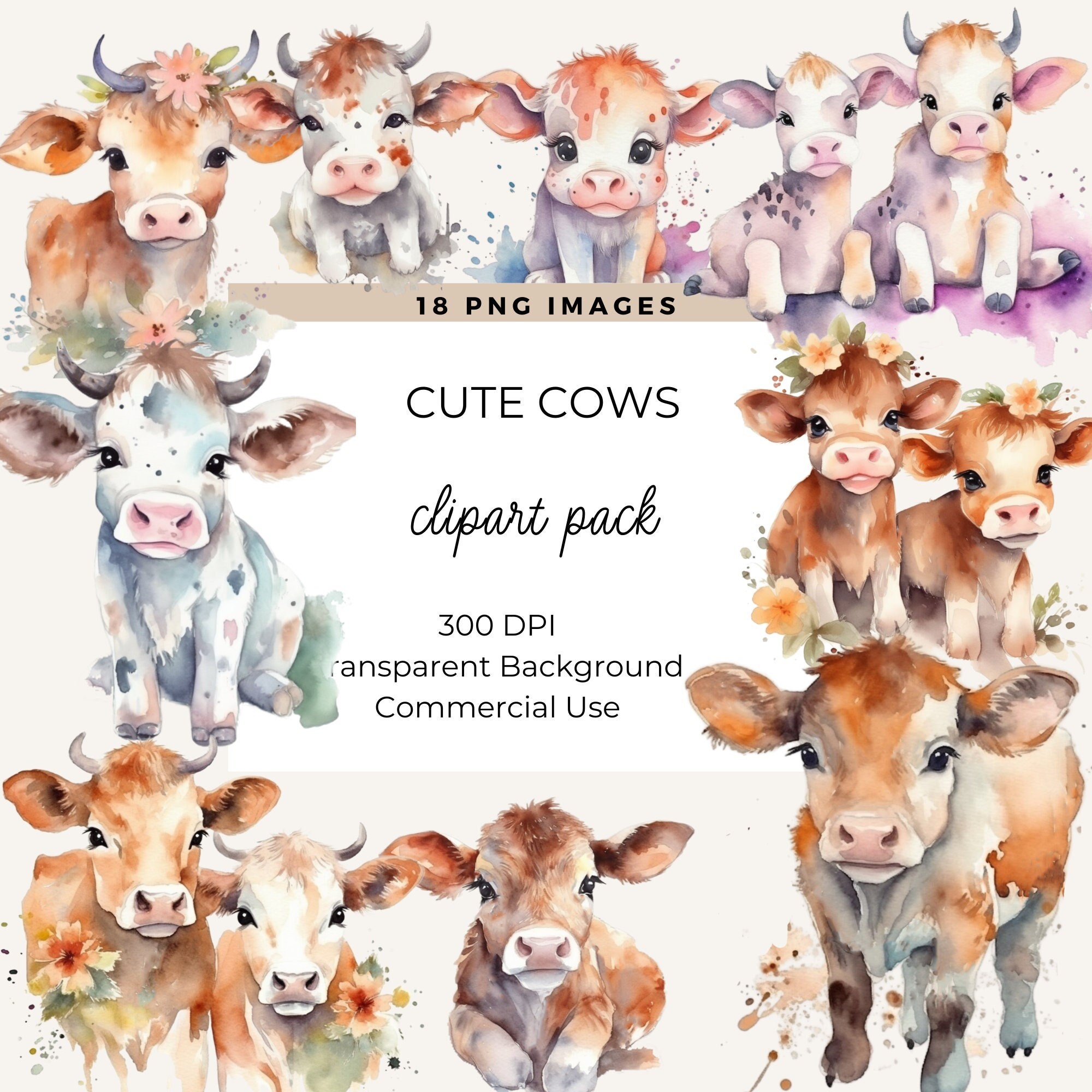 Cute Cow Clipart, Digital Download, Watercolor Clipart, Animal Clipart ...