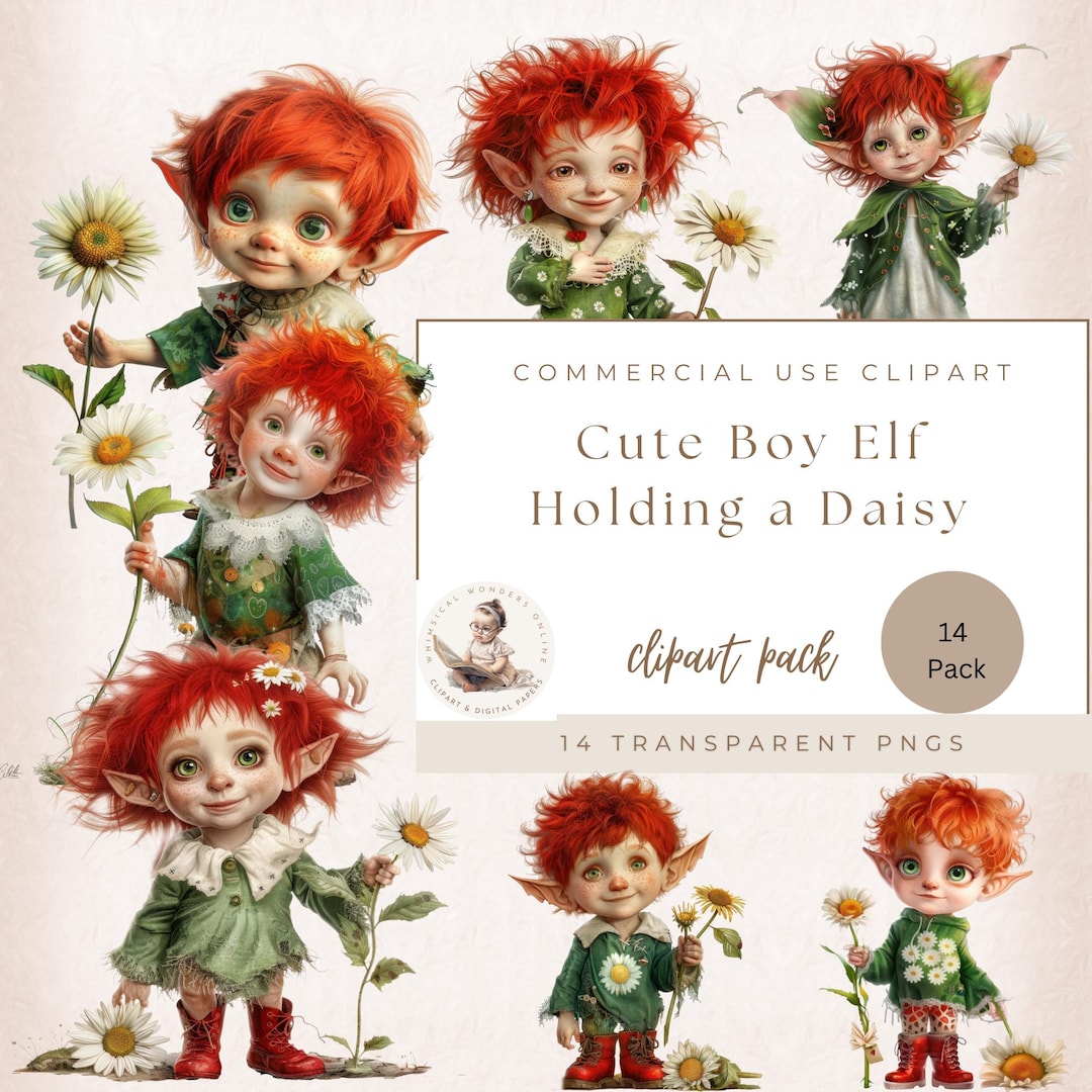Cute Little Boy Elf Holding a Daisy, Elf Clipart, Romantic Clipart ...