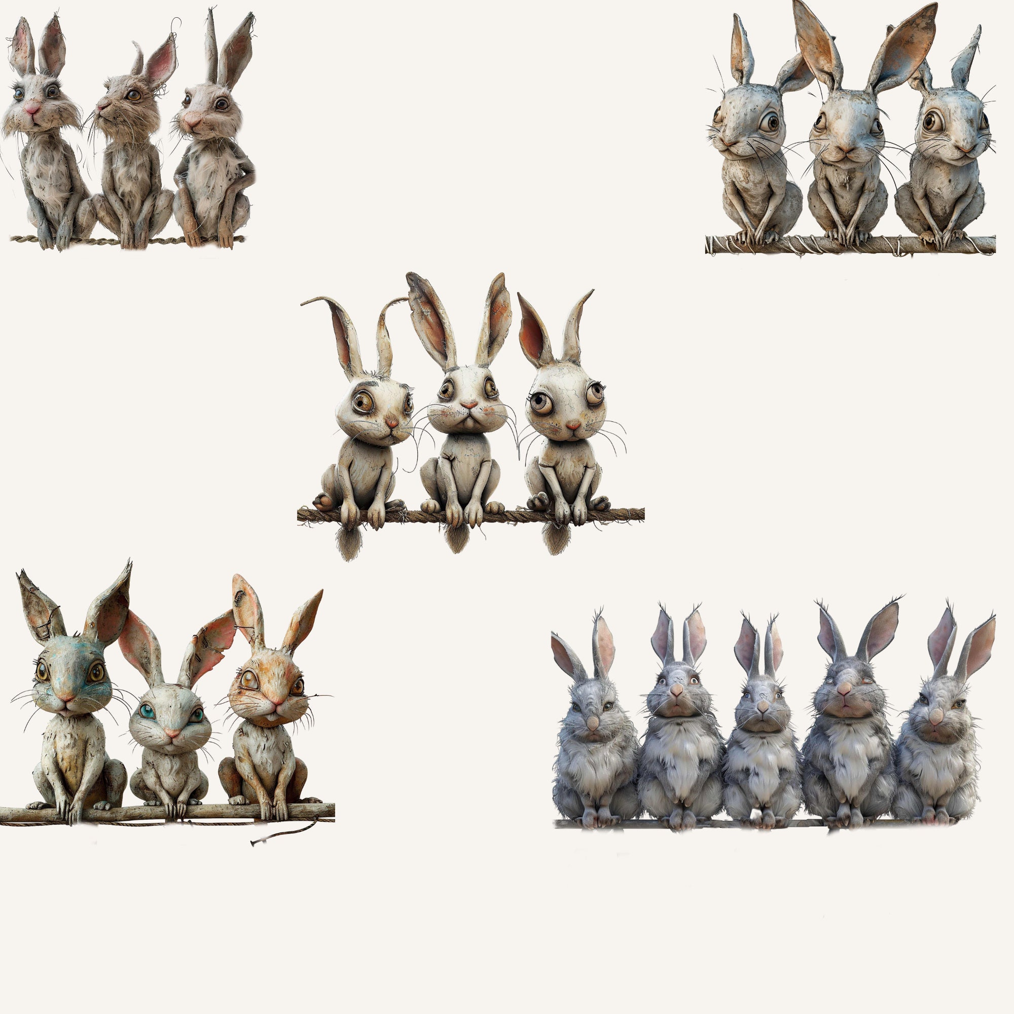 Whimsical Quirky Bunny Clipart Bundle, Weird Quirky Wall Art, Rabbit on ...
