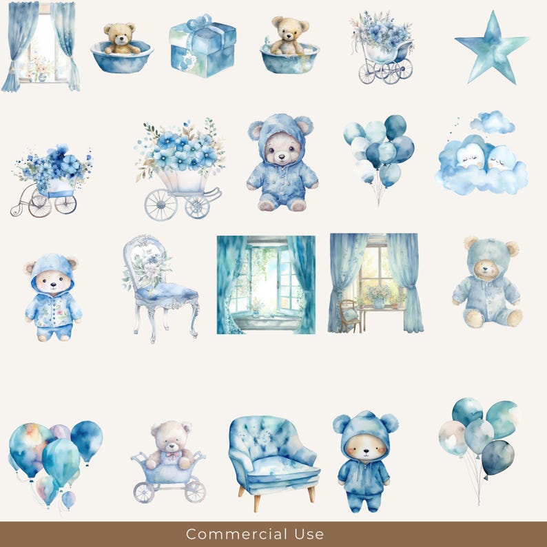 Teddy Bear Clipart, Baby Shower Bundle, Watercolor Baby Graphics ...