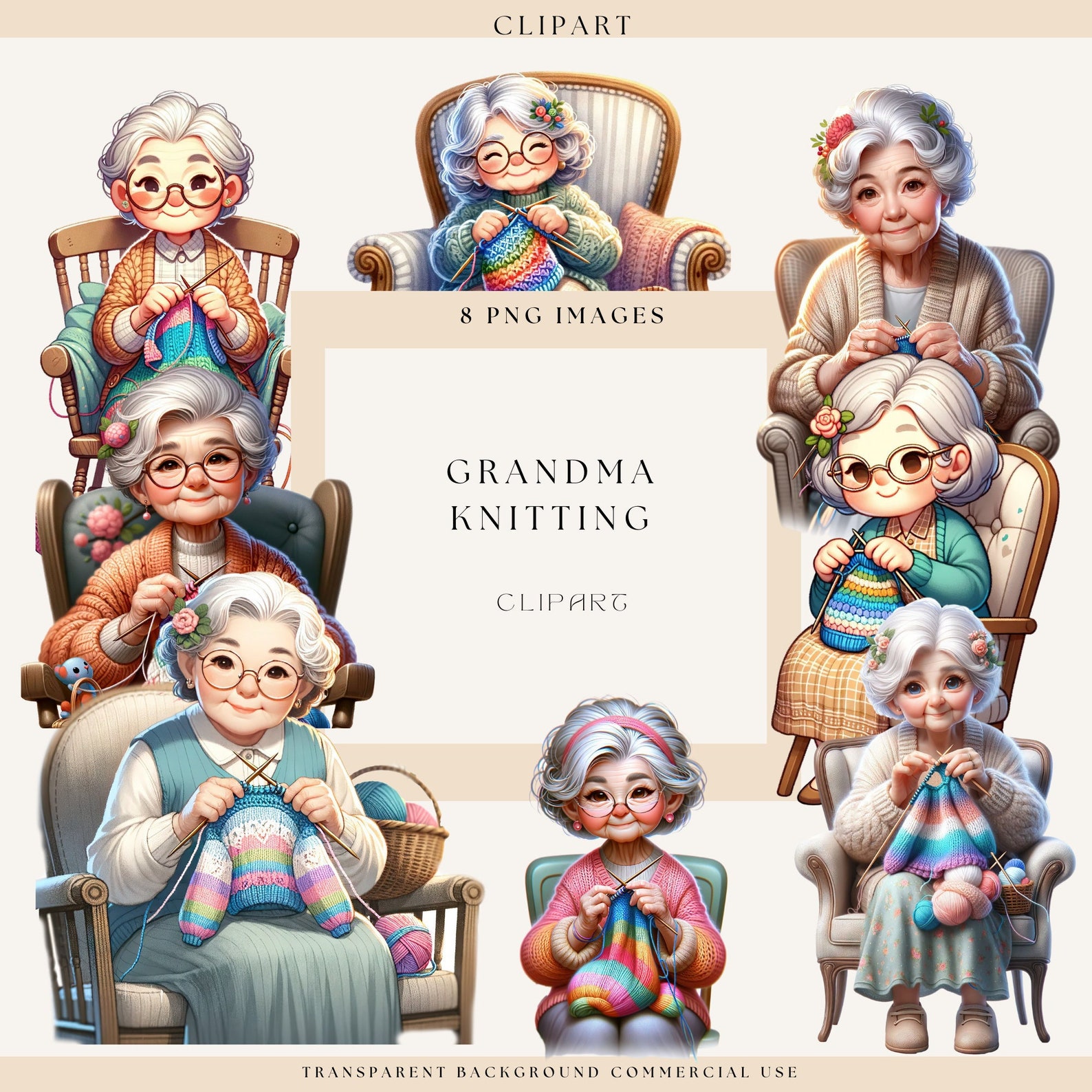 Grandma Kitting Clipart, Knitting Clipart, Wool Clipart, Grandma ...