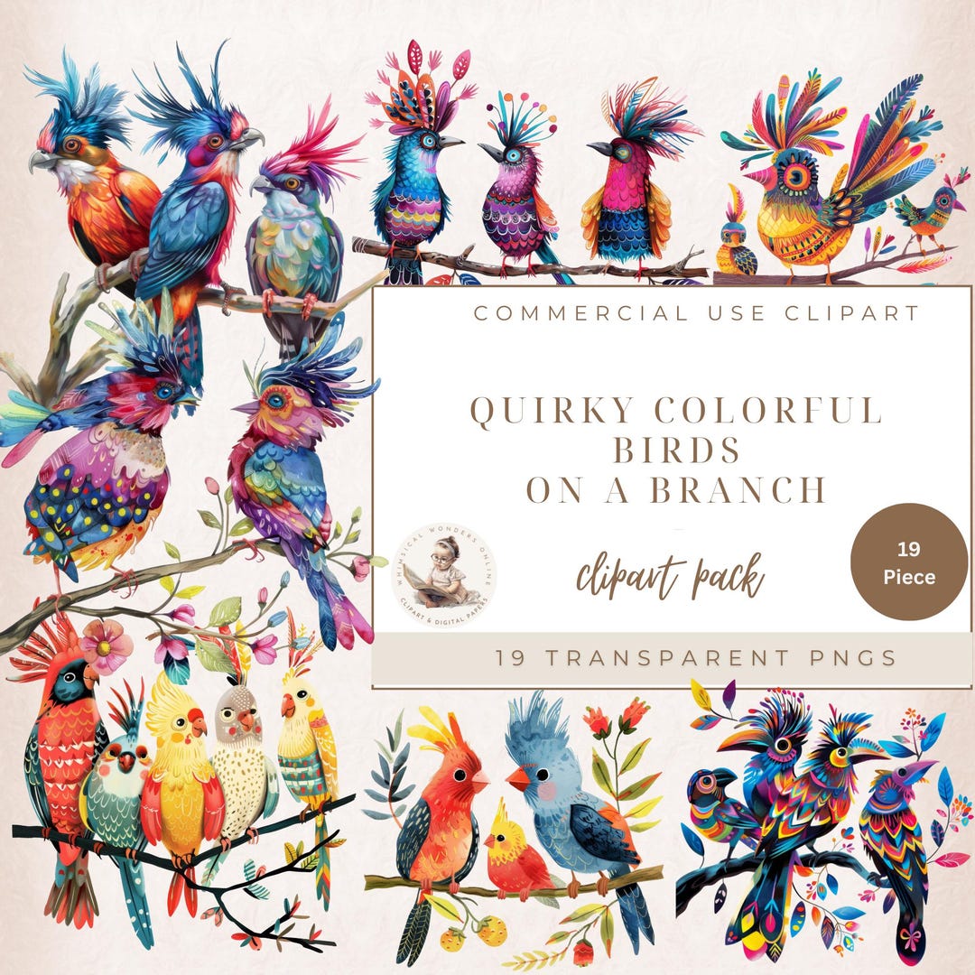 Quirky Bird Clip Art, Birds on A Branch, Funny Birds, Pets Clipart ...