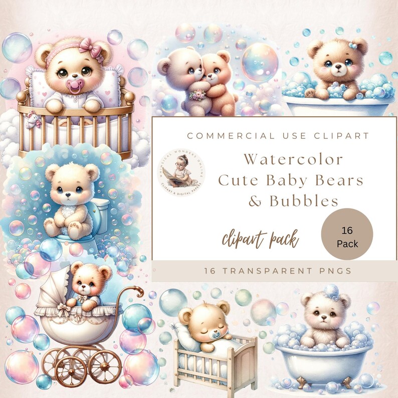 Cute Bear Clipart Bundle, Baby Bear PNG, Bear & Bubbles, Jungle Animals ...