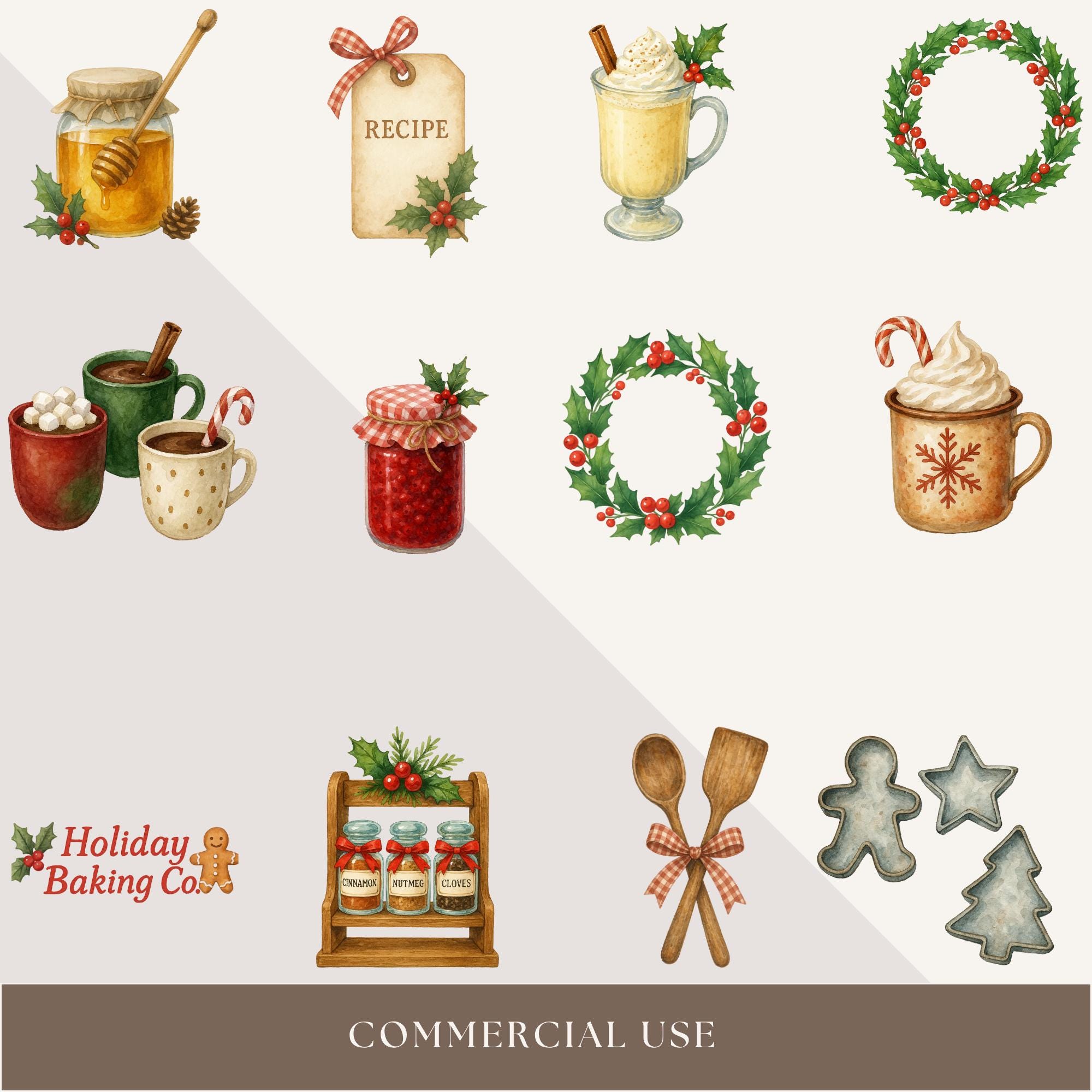 Vintage Christmas Kitchen Clipart Bundle, Watercolor Holiday Baking PNG ...