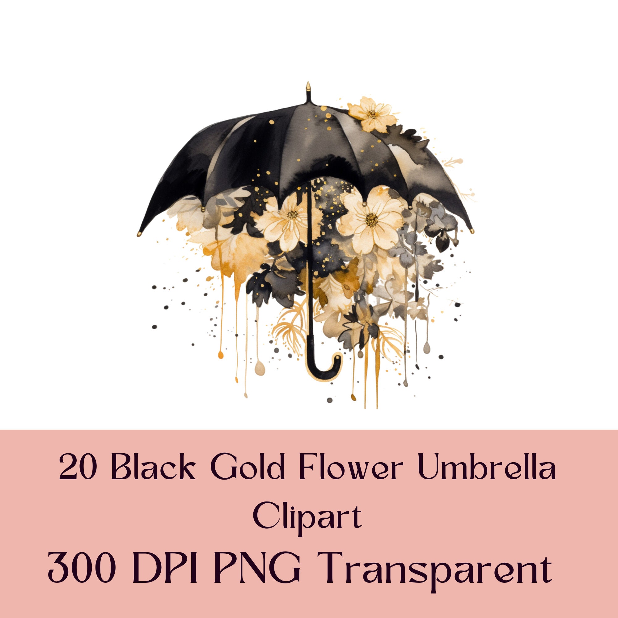 Gothic Bridal Shower Umbrella Clipart Pack, Black & Gold Floral ...