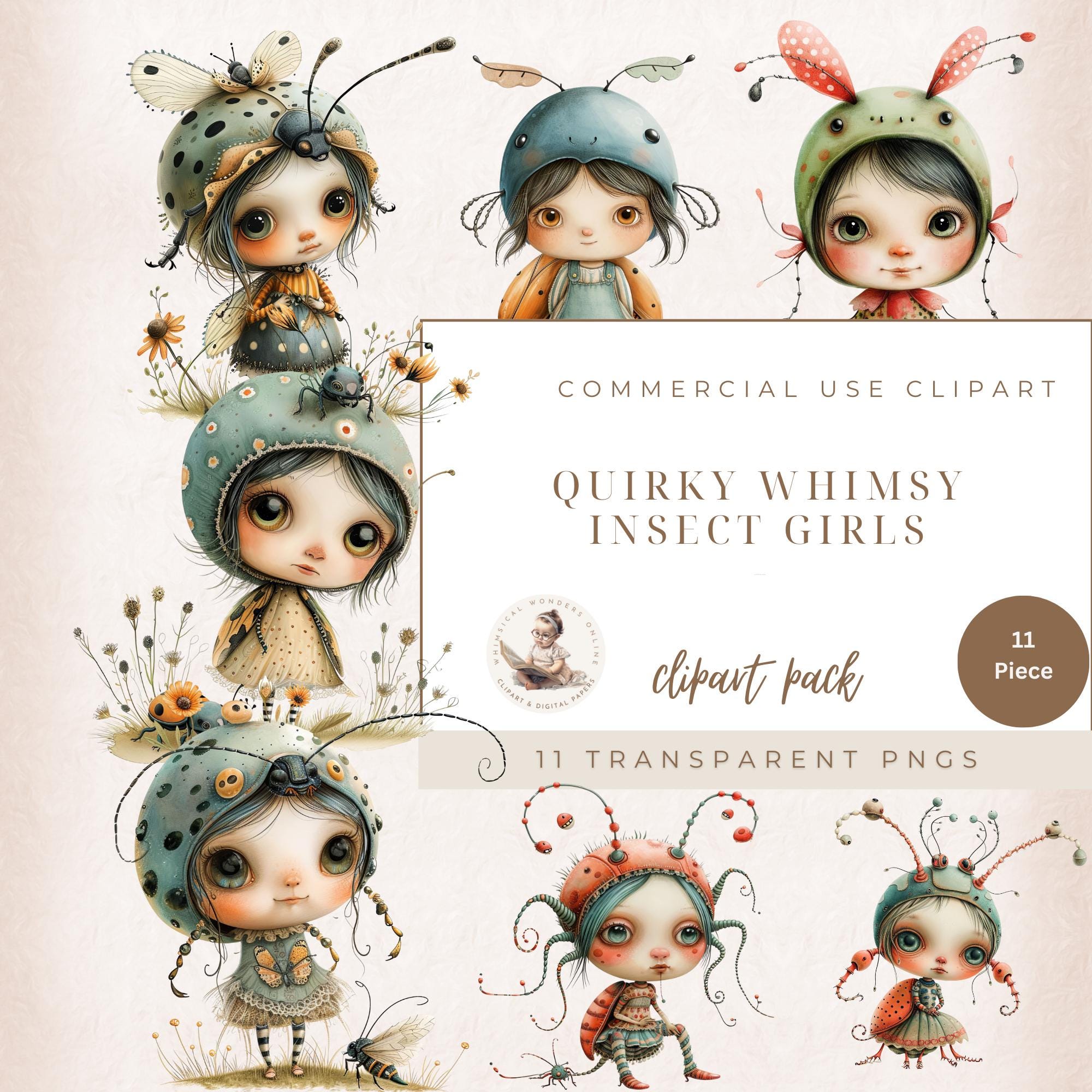 Quirky Whimsy Insect Girls, Insect Clipart, Whimsical Clipart, Quirky ...