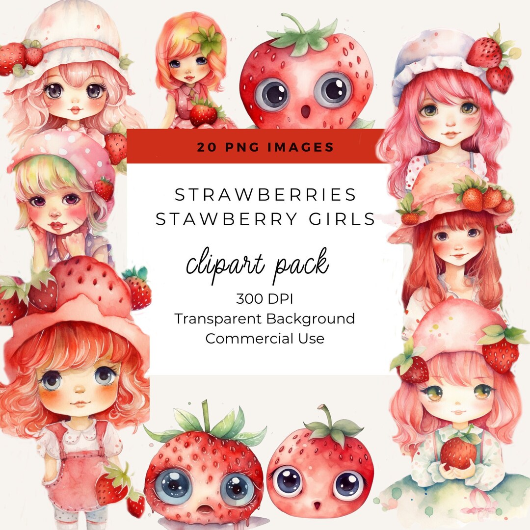 Strawberries Clipart Pack, Cute Strawberry Clip Art, Watercolor, Summer ...