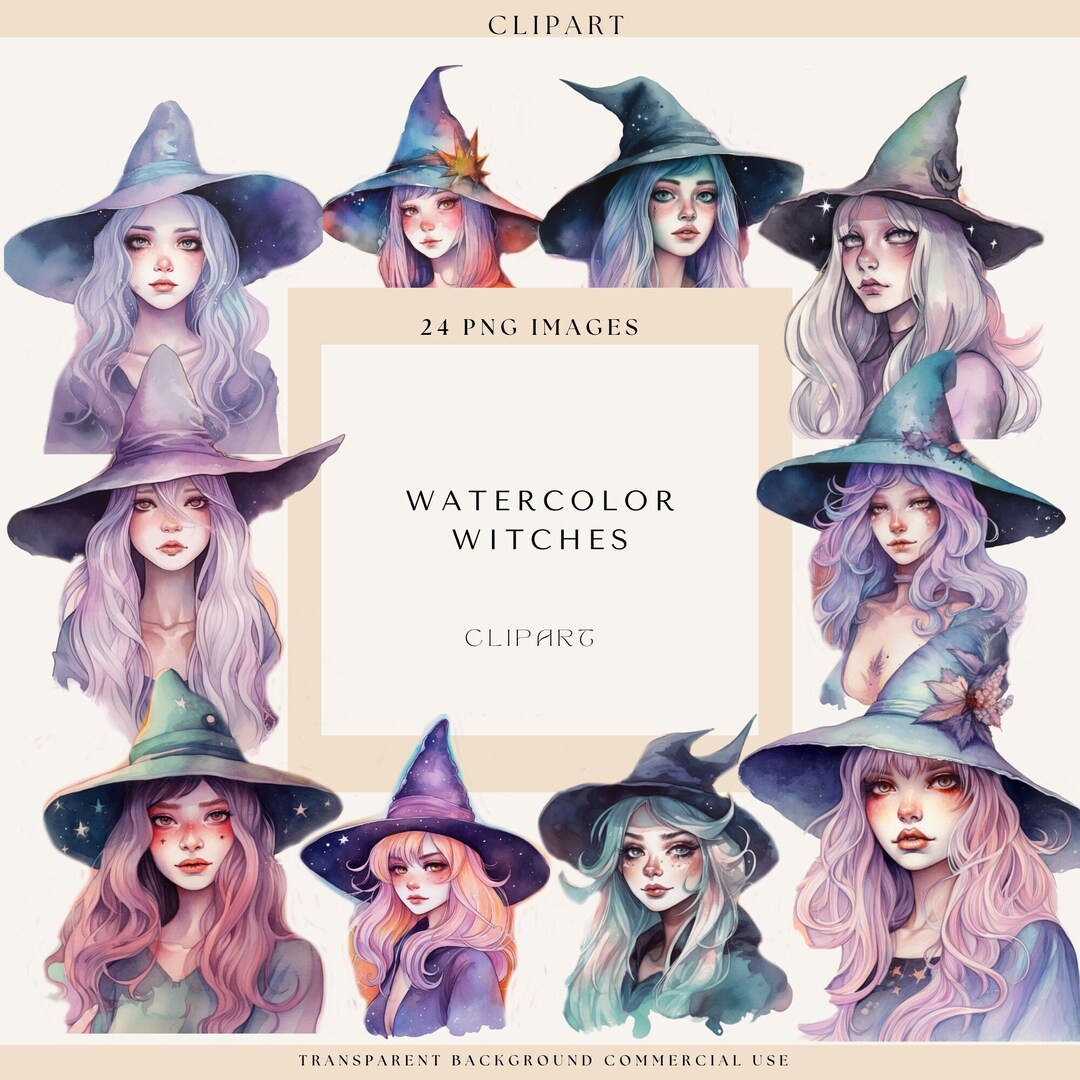 24 Witch Clipart Bundle, Watercolor Witch, Enchantress Clipart ...