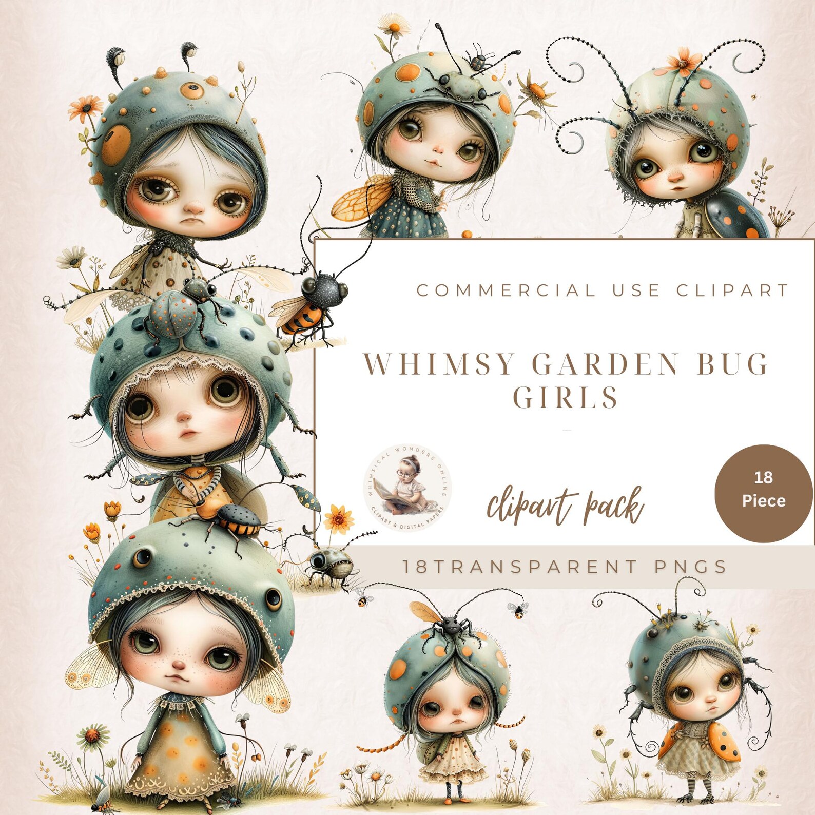 Whimsy Garden Bug Girls, Garden Clipart, Cute Bug Clipart, Whimsical ...