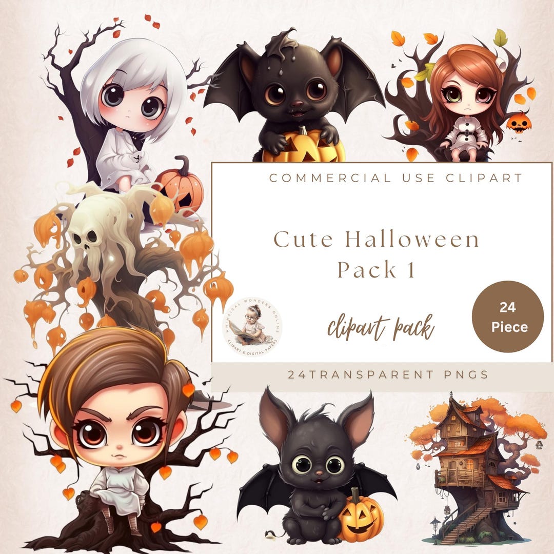 24 Cute Halloween Clipart Bundle, Spooky Tree, Cute Bats, Pumpkins ...