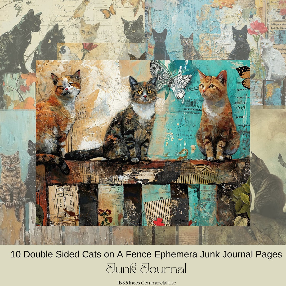 Junk Journal Printable, Cats on A Fence, Vintage Journal Papers, Cats ...