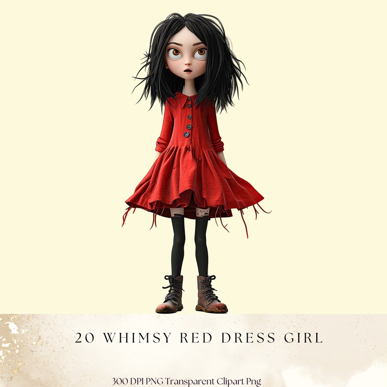 Red Dress Clipart, Whimsy Red Dress Girl, Quirky Girl Clipart, Goth ...