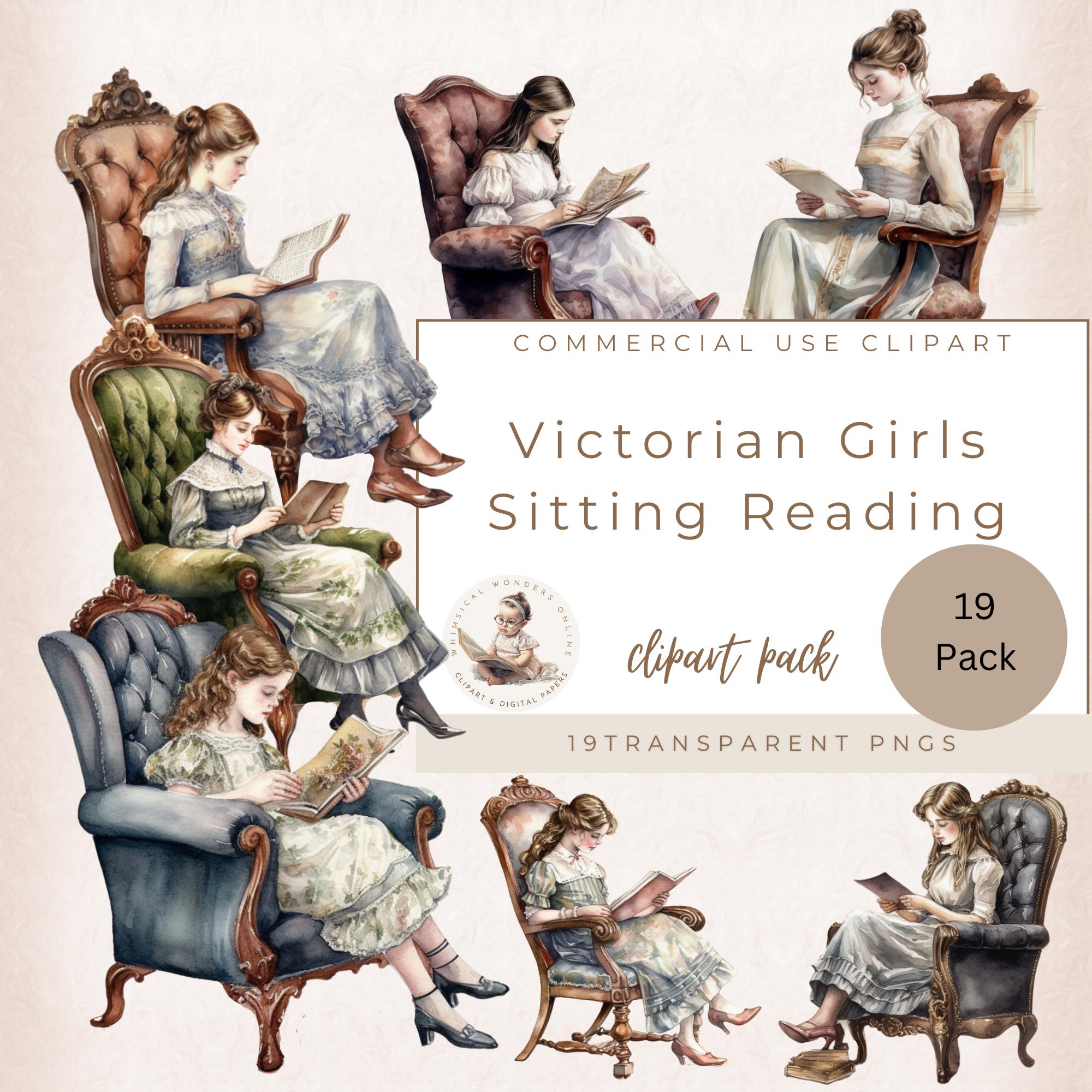 Victorian Vintage Girl Reading Book Clipart Bundle Reading Book Art ...