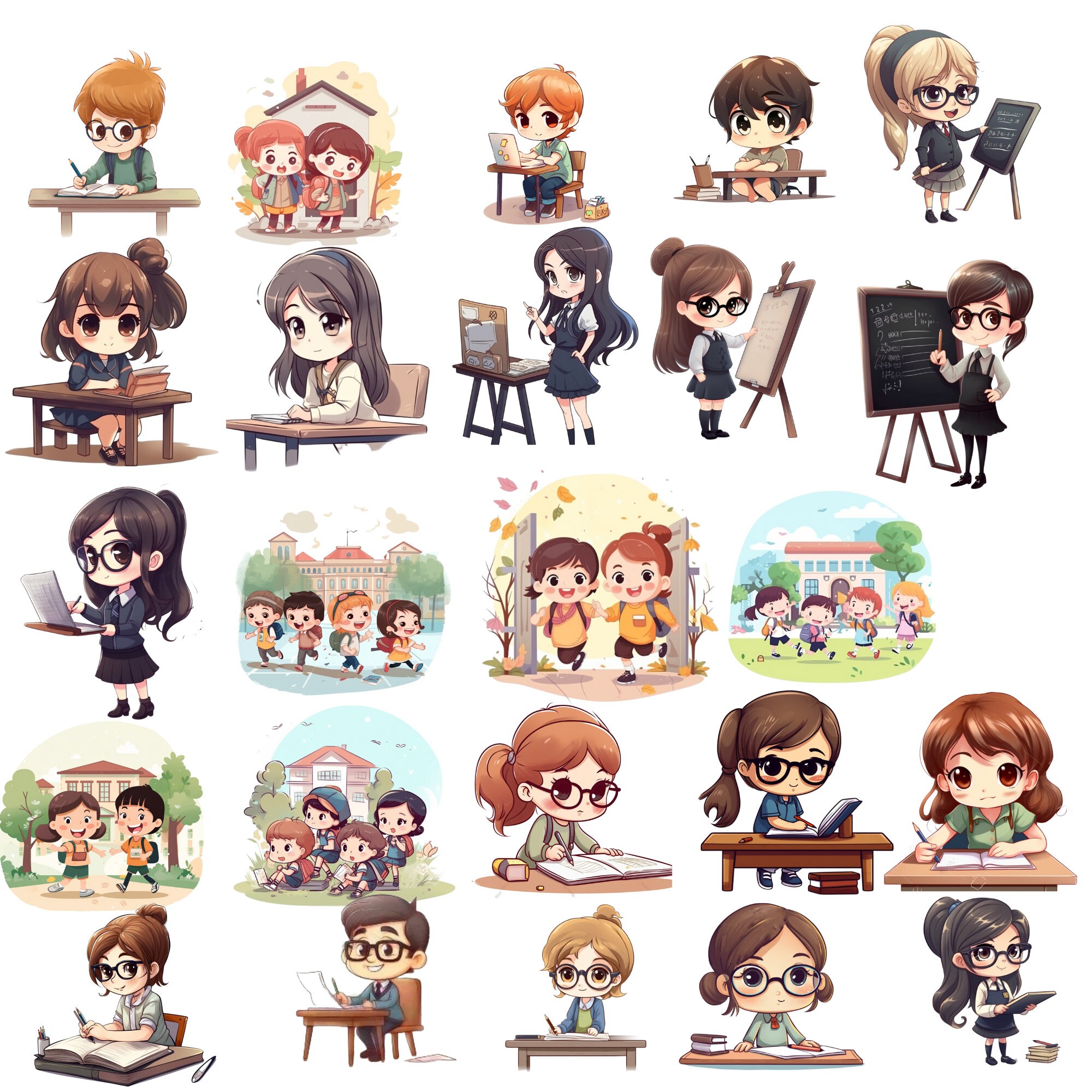 Chibi Cute Teacher Clipart, Boy and Girl Back to School Clipart, Chibi ...