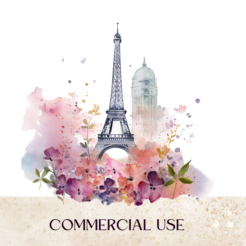 Eiffel Tower Clipart Pack, Paris Floral Watercolor, Illustration ...