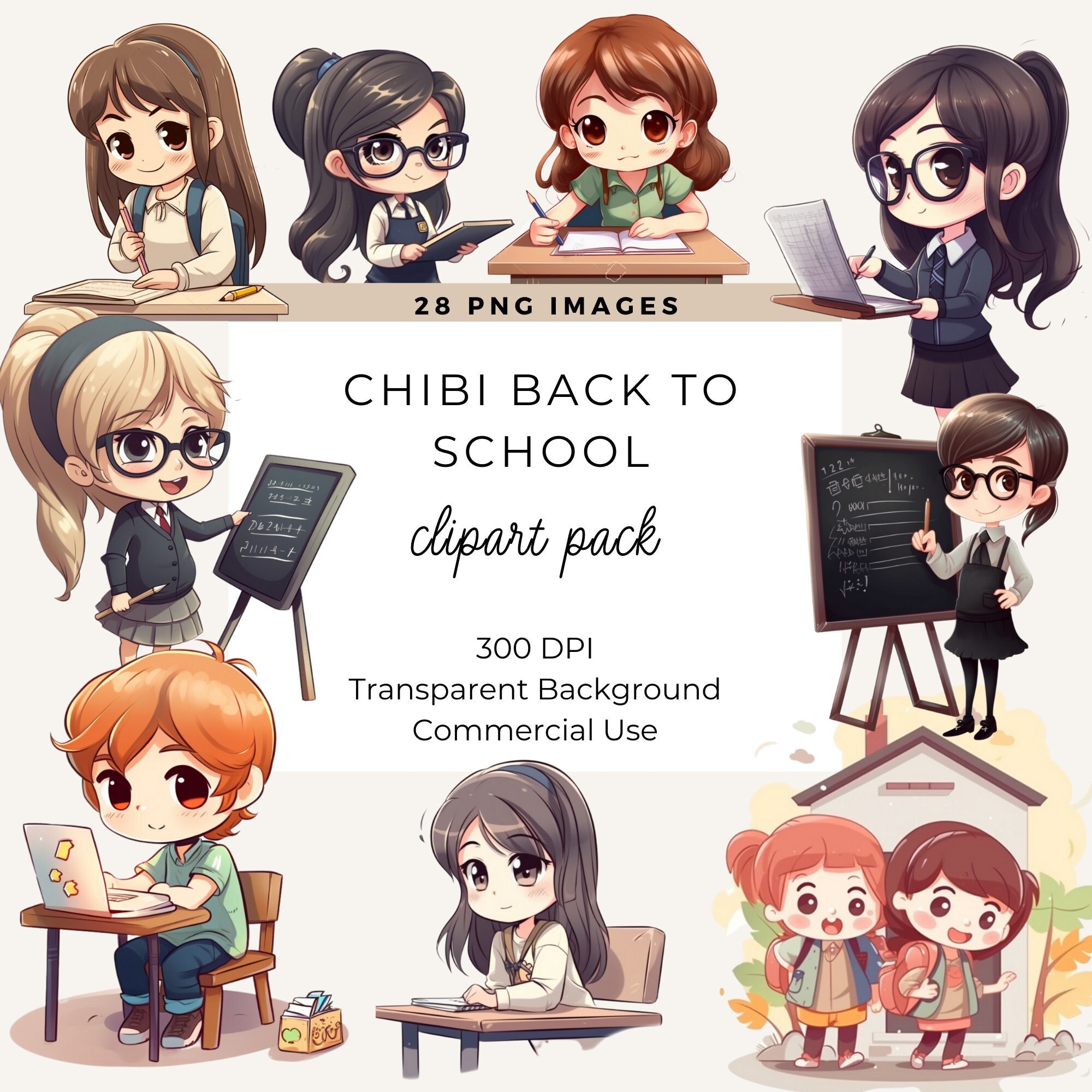 Chibi Cute Teacher Clipart, Boy and Girl Back to School Clipart, Chibi ...