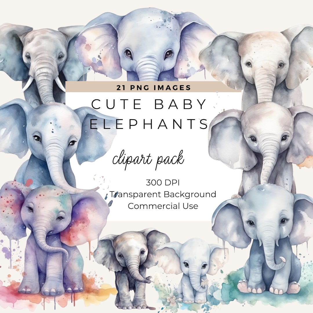 Baby Elephant Watercolor Clipart, Cute Clipart, Commercial Use ...
